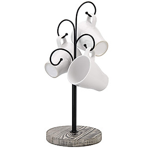 MyGift Black Metal Coffee Mug Tree Rack with 4 Curved Hooks and Grey Wood Base