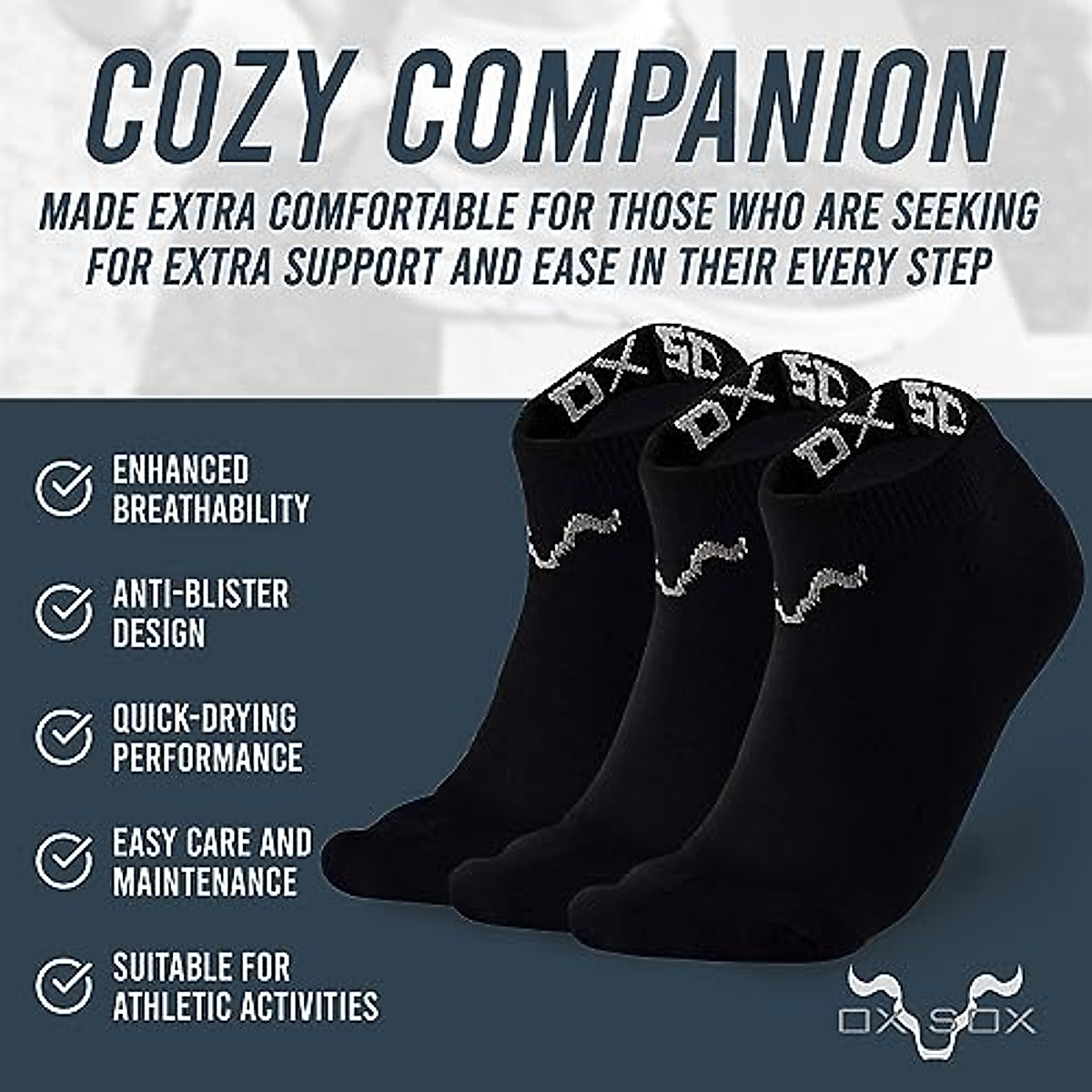 OX SOX Odorless Cotton Ankle Socks - Moisture-Wicking & Airy Comfort with Advanced Odor Control Technology - Breathable Athletic Footwear, Anti Odor & Anti-Sweat Socks for Men - 3 pairs (Black)