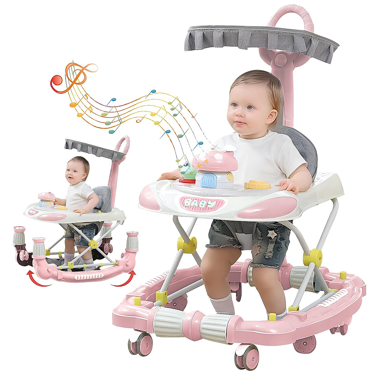 Dingdong Baby Walker - 4 in 1 Baby Walker with Wheels, Variable Rocking Horse, Walker for Baby Girl Adjustable Height (8-17in) and Width, Baby Walkers for Girls, Foot Pads/Handles, Portable Foldable