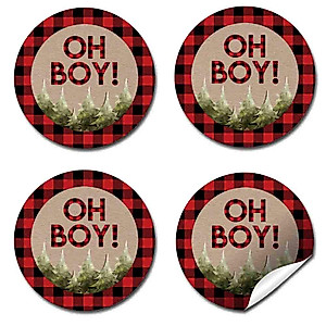 Oh Boy! Outdoorsy Red and Black Plaid Lumberjack Baby Sprinkle Baby Shower for Boys Thank You Sticker Labels, 40 2" Party Circle Stickers by AmandaCreation, Great for Party Favors, Envelope Seals & Go
