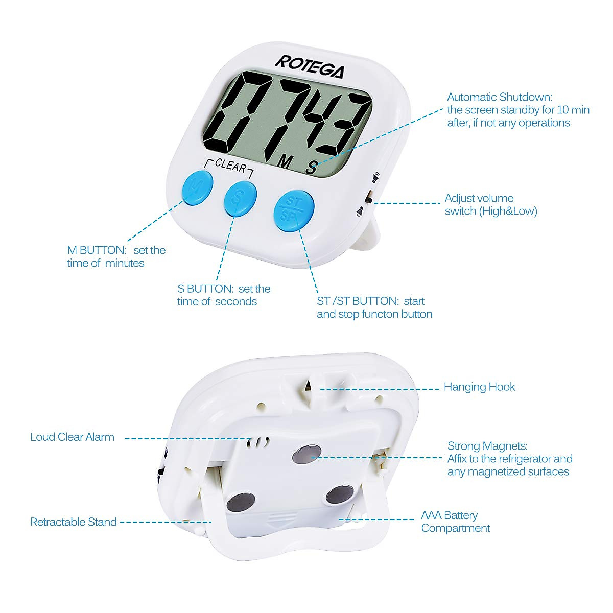 ROTEGA 3 Pack Upgrade Magnetic Digital Kitchen Timer, Auto Shut-Off, Loud Alarm and Volume Adjustable,Strong Magnet Back, Large LCD Display, Premium Count-Up & Count Down for Cooking, Classroom,White