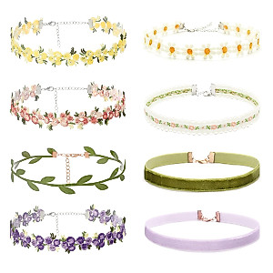 Palotay 8PCS Colorful Velvet Choker Necklace Set for Women Daisy Gothic Lace Collar Classic Flower Choker Gifts-flower