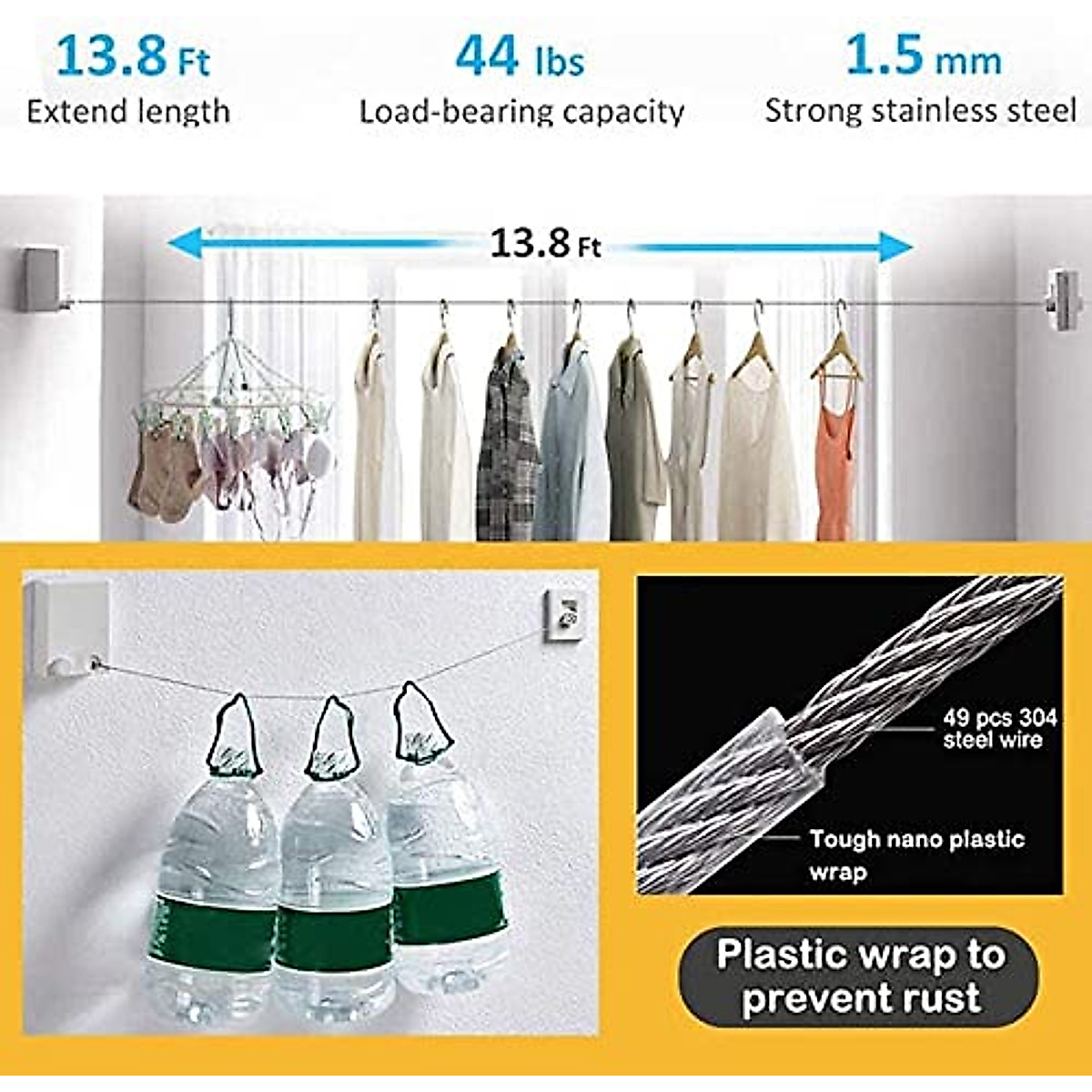 Retractable Clothesline, Adjustable Clothing Rope Indoor Outdoor with ABS Case+ Aluminum, Heavy Duty Stainless Steel Line Wall Mounted Laundry Drying String for Hotel Home 13.8 Feet-Black
