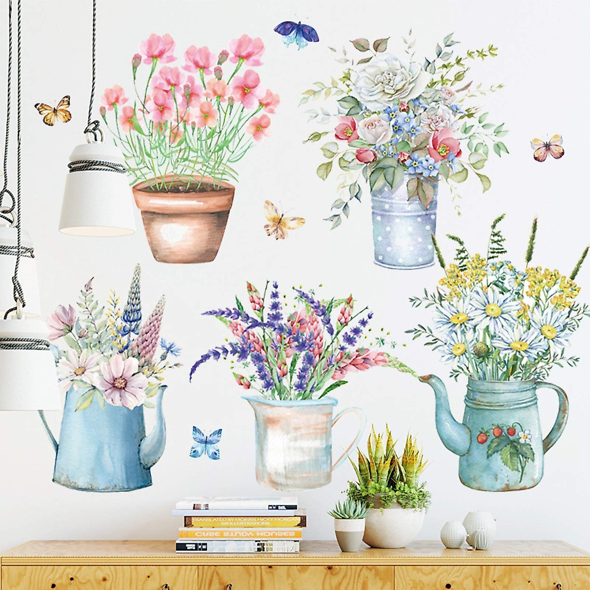 Flowers Butterfly Wall Stickers Spring Garden Potted Plant Wall Decals Removable DIY Peel and Stick Art Murals for Bedroom Living Room Kitchen Nursery Classroom Home Decoration (Flower)