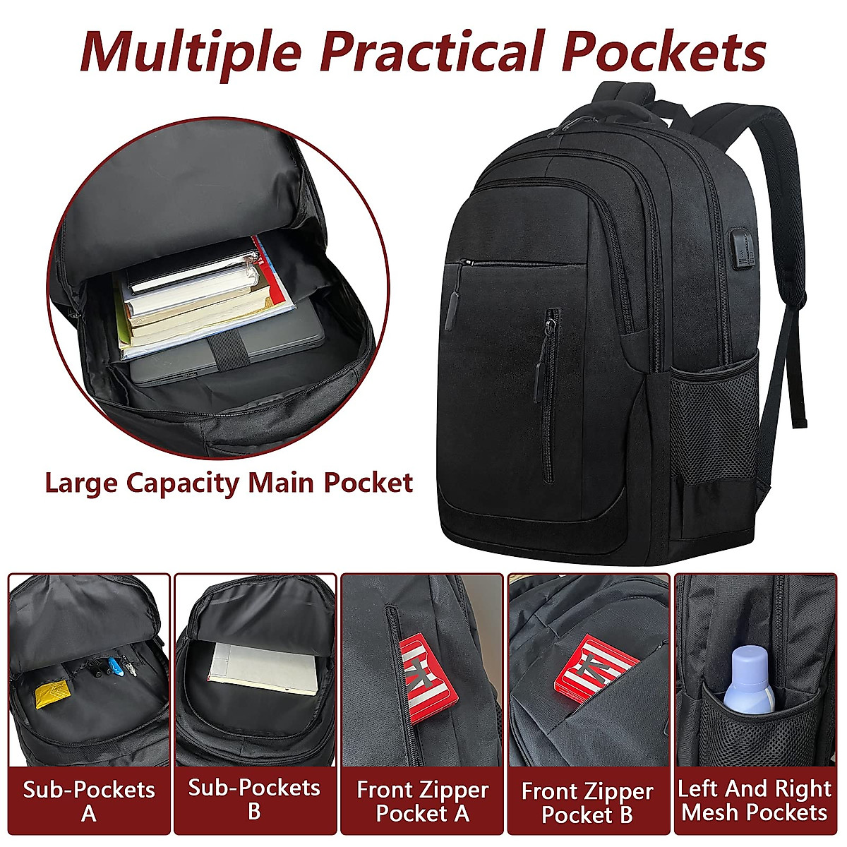 Ogetok Men Travel Backpack for 17.3" Laptop,Business Casual Computer Daypack School Student Bookbag w/ USB Charging Port,Grey