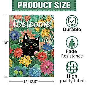 Dyrenson Welcome Spring Black Cat Decorative Garden Flag, Kitty House Yard Lawn Daisy Pansy Red Blue Flower Floral Outside Decoration, Summer Seasonal Farmhouse Outdoor Small Burlap Porch Decor 12x18