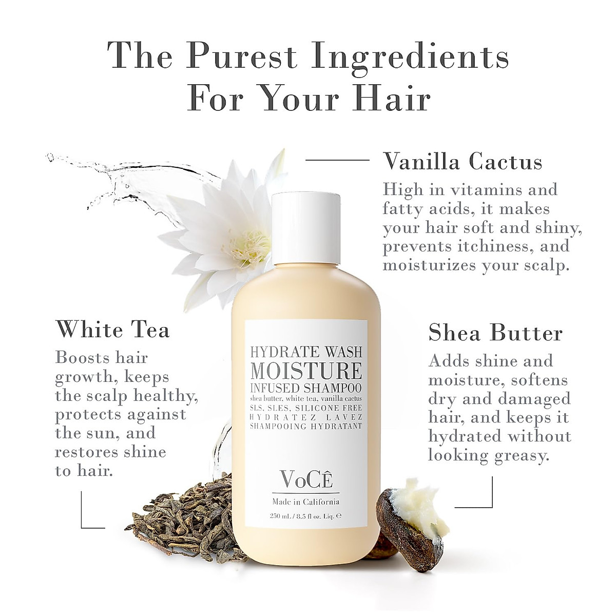 VoCÊ I Natural Hydrating Shampoo for Dry, Frizzy Hair | Moisture-Infused Vegan Shampoo for Normal to Thick Hair | Non-Toxic, Cruelty-Free with Shea Butter, White Tea, Vanilla Cactus (8.5 oz | 250 ml)