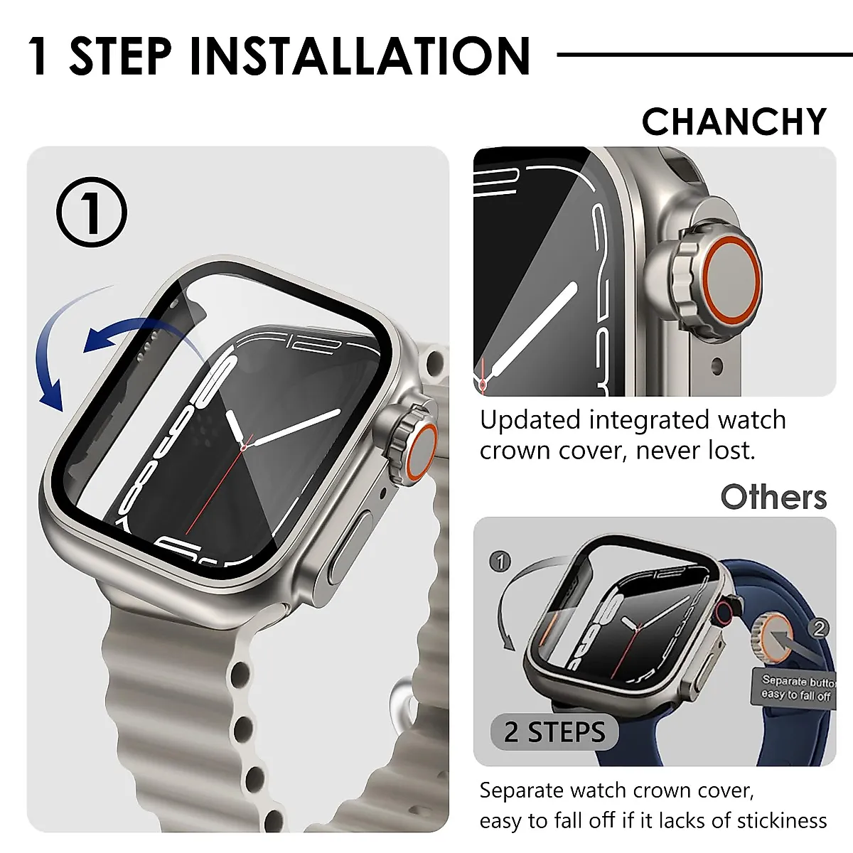 [ Looks Like Ultra Protector Case ] CHANCHY 2 in 1 Waterproof Case for Apple Watch Case 44mm with Screen Protector, Front & Back Full Protective Bumper Face Cover for Men Women, 44mm, Titanium