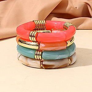 MythDone Chunky Bamboo Tube Bracelets Colorful Curved Resin Stretch Bracelet Gold Stacking Bangles Acrylic Beads Stretchable Friendship Bracelets for Women (4pcs style A)