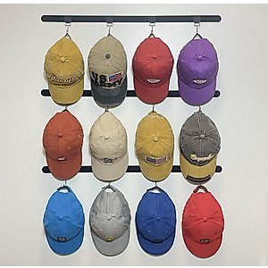 ETOWIFA Adhesive Hat Organizer Rack for Baseball Caps [Up to 36 Caps] Hat Hangers Holder Display for Wall, Over Door Closet, Room/College Dorm Storage - 3 Magic Strips with 12 Removable Hooks