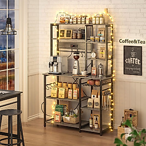 SUPERJARE Large Bakers Rack with Power Outlets, 6-Tier Microwave Stand, Coffee Bar with 12 S-Shaped Hooks, Kitchen Shelf with Wire Basket, 39.3 x 15.5 x 66.9 Inches, Charcoal Gray