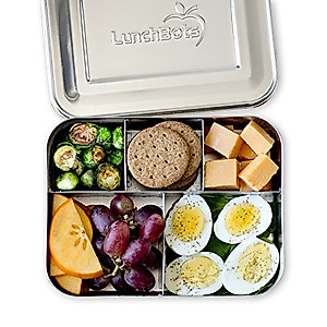 LunchBots Large Cinco Stainless Steel Lunch Container - Five Section Design Holds a Variety of Foods - Metal Bento Box - Dishwasher Safe - Stainless Lid - Stainless Steel