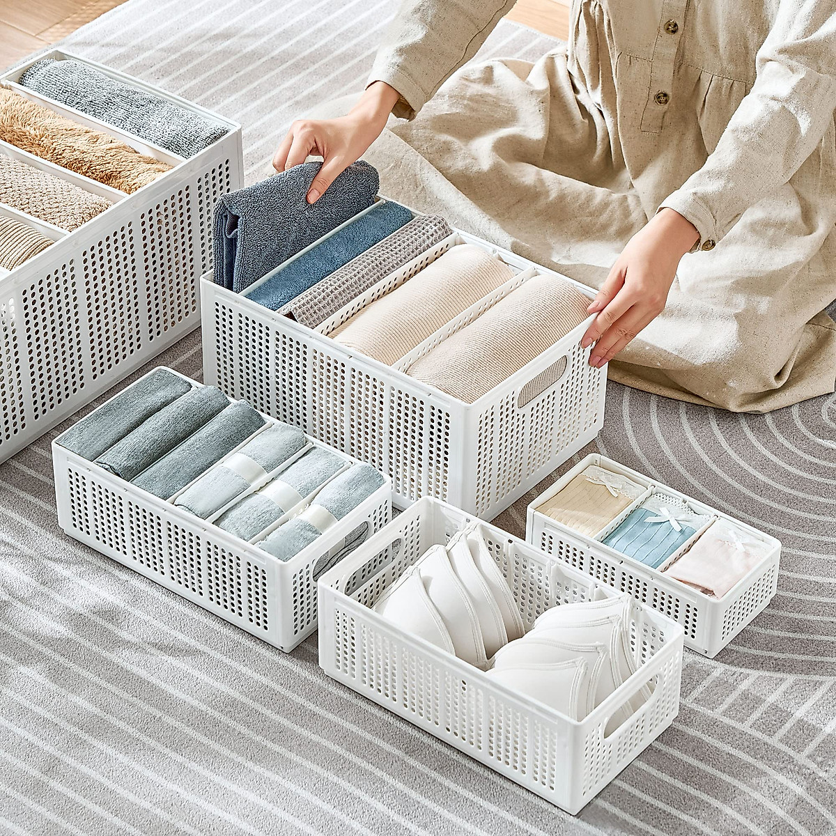 UNZIPE 2 Pack Plastic Closet Storage Bins with Handle, Portable Collapsible Clothes Organizer Containers for Closet Shelves on Bathroom Bedroom Pantry Organization, Medium 2 Pack