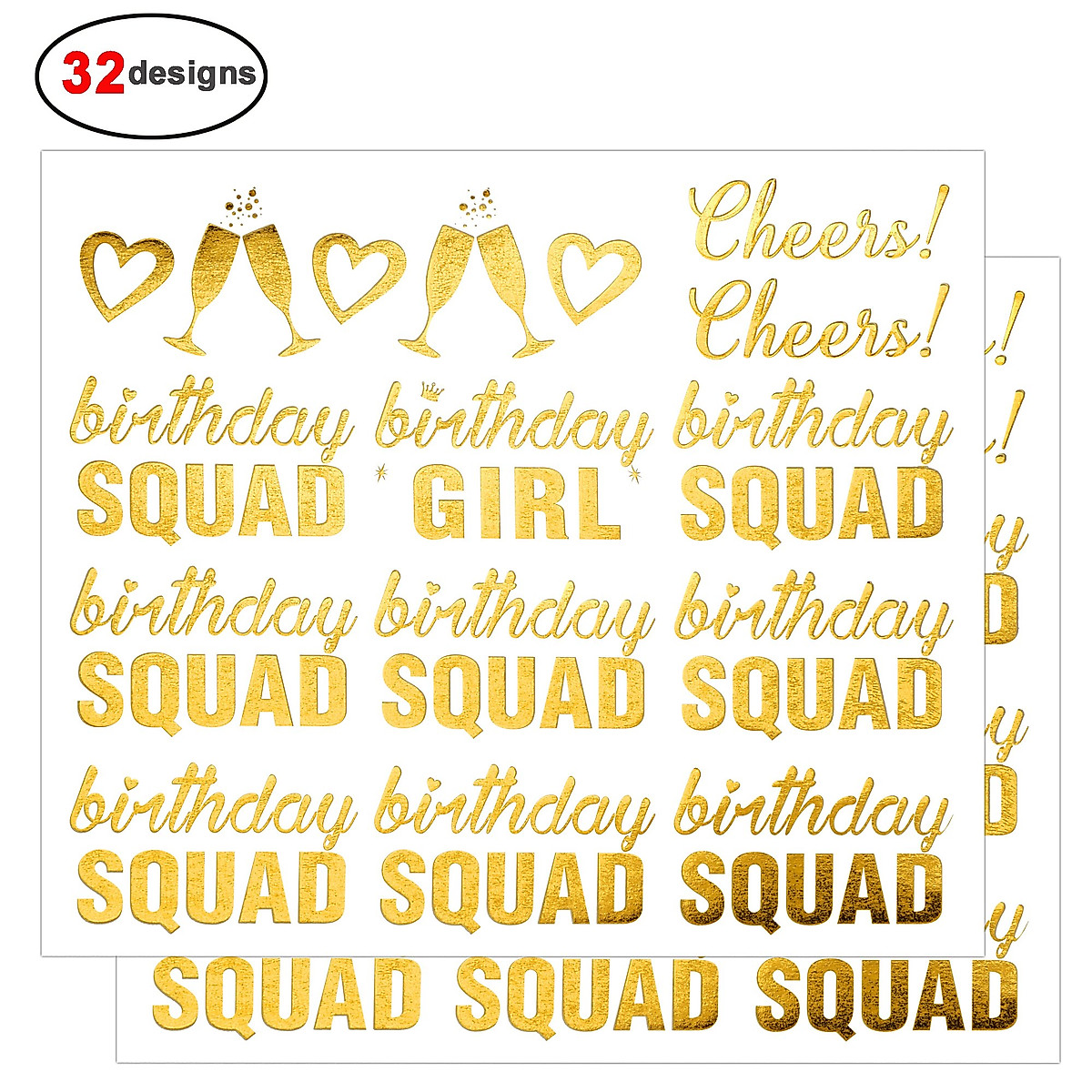 Birthday Tattoos(32Designs),Konsait Metallic Temporary Tattoos for Girls Kids Birthday Party Celebration Accessories-Birthday Girl,Birthday SQUAD,Cheers,Happy Birthday Party Bag Filler Favors Supplies