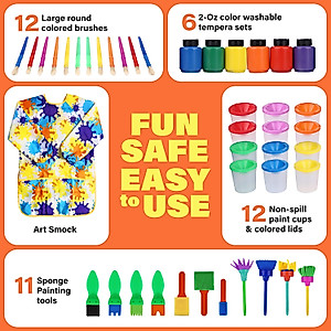 J MARK 43 Piece Toddler Painting Set – Spill Proof Paint Cups for Kids, Washable Kids Paint, Painting Tools, Kids and Toddler Paint Set with Art Smock and More