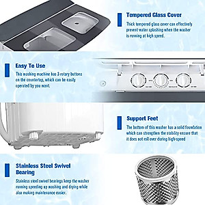 Bonusall Portable Washing Machine Compact 17.6 lbs, Mini 2IN1 Washer and Spin Dryer Combo with Built-in Gravity Drain, Small Twin Tub Washing Machine for Apartment Dorms RV, Grey