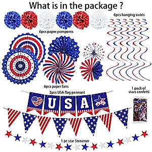 Patriotic Birthday Party Decorations Red White and Blue Birthday Decorations with Patriotic Balloons Happy Birthday Banner Paper Pompoms Star Streamer for American Theme 4th of July Party Decor (B)
