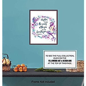 Mermaid Seahorse Seashells Wall Art - Inspirational Bible Verse Religious Quote - Christian Scripture Room Decor for Bathroom, Bedroom - Nautical Ocean Beach House Poster - Mightier Than the Waves