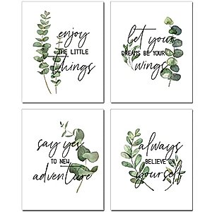 Fit Design Green Leaves Plant Wall Art Decor Canvas Painting Set of 4,Inspirational Motivational Quote Wall Posters for Home Office,Botanical Wall Art Prints Wall Decor (Unframed,8x10 inch)