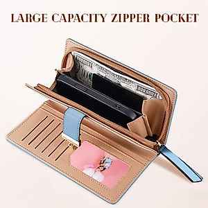 Sweet Cute Chocolate Women's Long Leaf Bifold Wallet Leather Card Holder Purse Zipper Buckle Elegant Clutch Wallet Handbag for Women-Blue