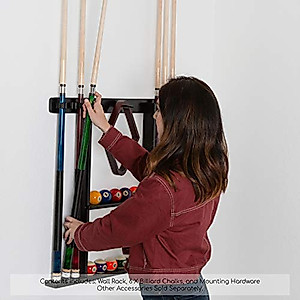 Pool Cue Rack - Pool Stick Holder Wall Mount With 16 Ball Holders & 6 Pack Of Chalk - Rubber Circle Pads & Large Clips Prevent Damage - Compact Billiard Table Accessories For Man Cave (Black)