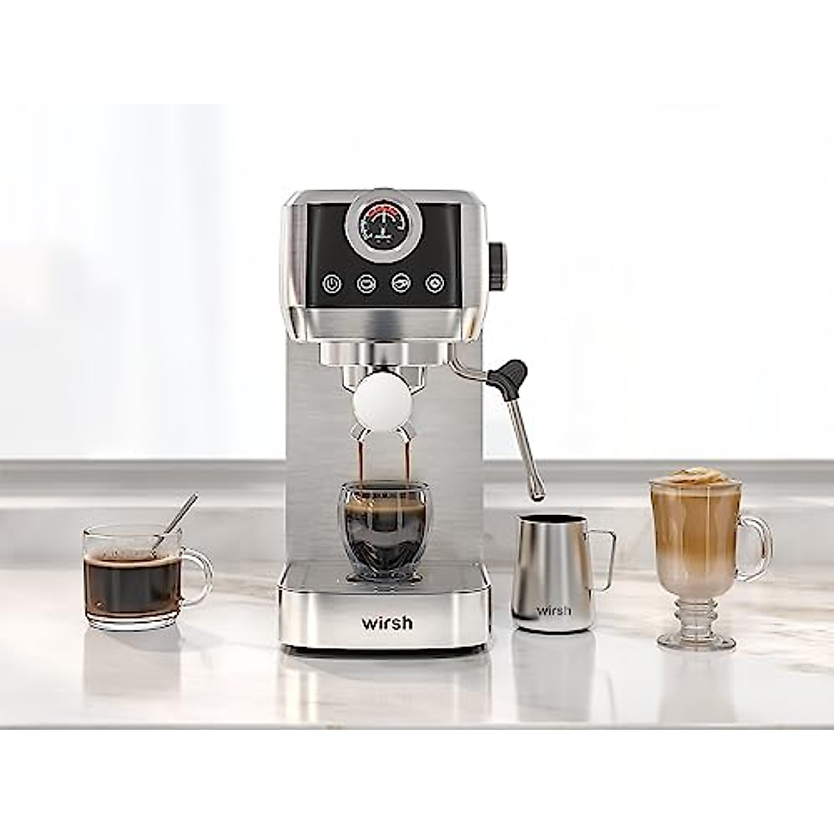 Espresso Machine, Wirsh 20 Bar Espresso Coffee Maker with Plastic Free Portafitler and Steamer for Latte and Cappuccino, Expresso Coffee Machine with Pressure Gauge, Touch Screen, Full Stainless Steel (Home Barista Plus)