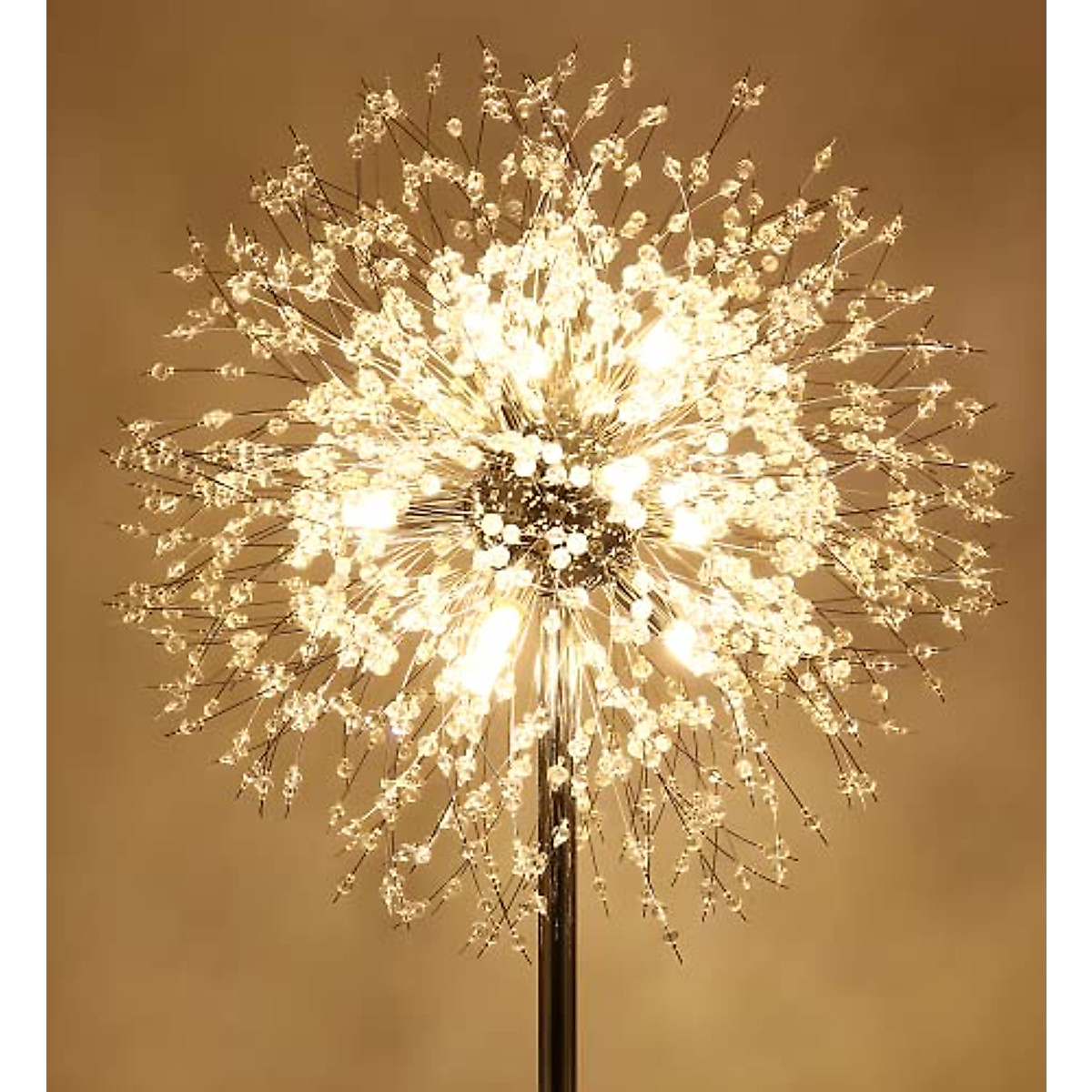 Modern Crystal Floor Lamp, BIGMAII Starburst Firework Floor Lights Sputnik Dandelion LED Standing Lamp 8 Lights with Marble Base in Silver for Living Room Bedroom, 64.5"