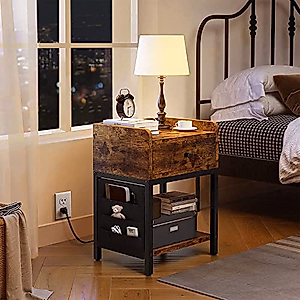 FABATO End Table with Charging Station Nightstands with Drawer and Fabric Bag Storage & USB Ports Narrow Sofa Side Table for Small Spaces with Metal Frame Living Room Bedroom, Rustic Brown