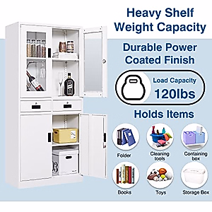 PEUKC Kitchen Pantry Cabinet, 71" Freestanding Kitchen Pantry Storage Cabinet with Drawer and Adjustable Shelves, Metal Tall Pantry Cabinet Cupborad with Glasses Doors, White