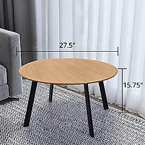 Meluvici Patio Coffee Table, Weather Resistant Outdoor Side Table Waterproof Round Metal Steel Large Table for Garden, Faux Wood Grain Table Top