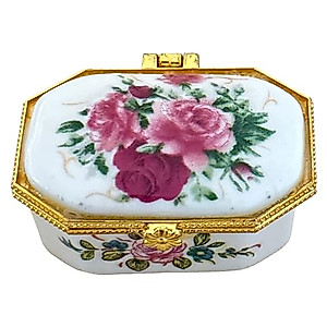 Evenchae Miniature Porcelain Box with Hinged Lid - Jewelry, Trinkets, Mementos, Keepsakes - Arrives in Velvet Drawstring Bag (Pink, French Country)
