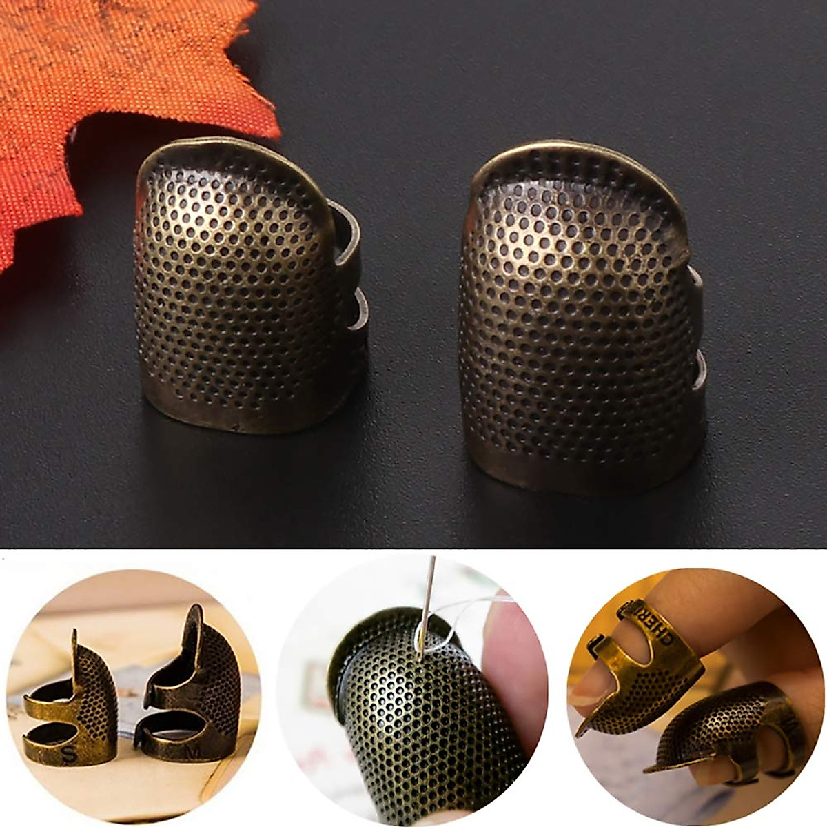 Quadow 4 Pieces Sewing Thimble, Metal Copper Sewing Thimble Finger Protector Adjustable Finger Shield Ring Fingertip Thimble Sewing Quilting Craft Accessories DIY Sewing Tools(