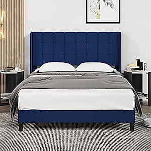 IDEALHOUSE Queen Size Bed Frame with Headboard Wingback, Upholstered Platform Bed with Button Tufted Headboard, Wooden Slats Support, Easy Assembly, Noise-Free, No Box Spring Needed, Blue