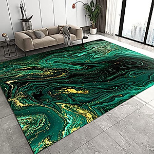 Vintage Style Area Rug, Dark Green Gold Fragment Marble Indoor Carpet, Rug with Non-Slip Backing Washable for Living Room Bedroom Home Office Floor Rug (6ft×8ft)