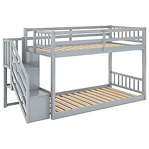 Harper & Bright Designs Low Bunk Beds Twin Over Twin Size, Solid Wood Bunk Bed with Storage and Guardrail for Kids and Toddler