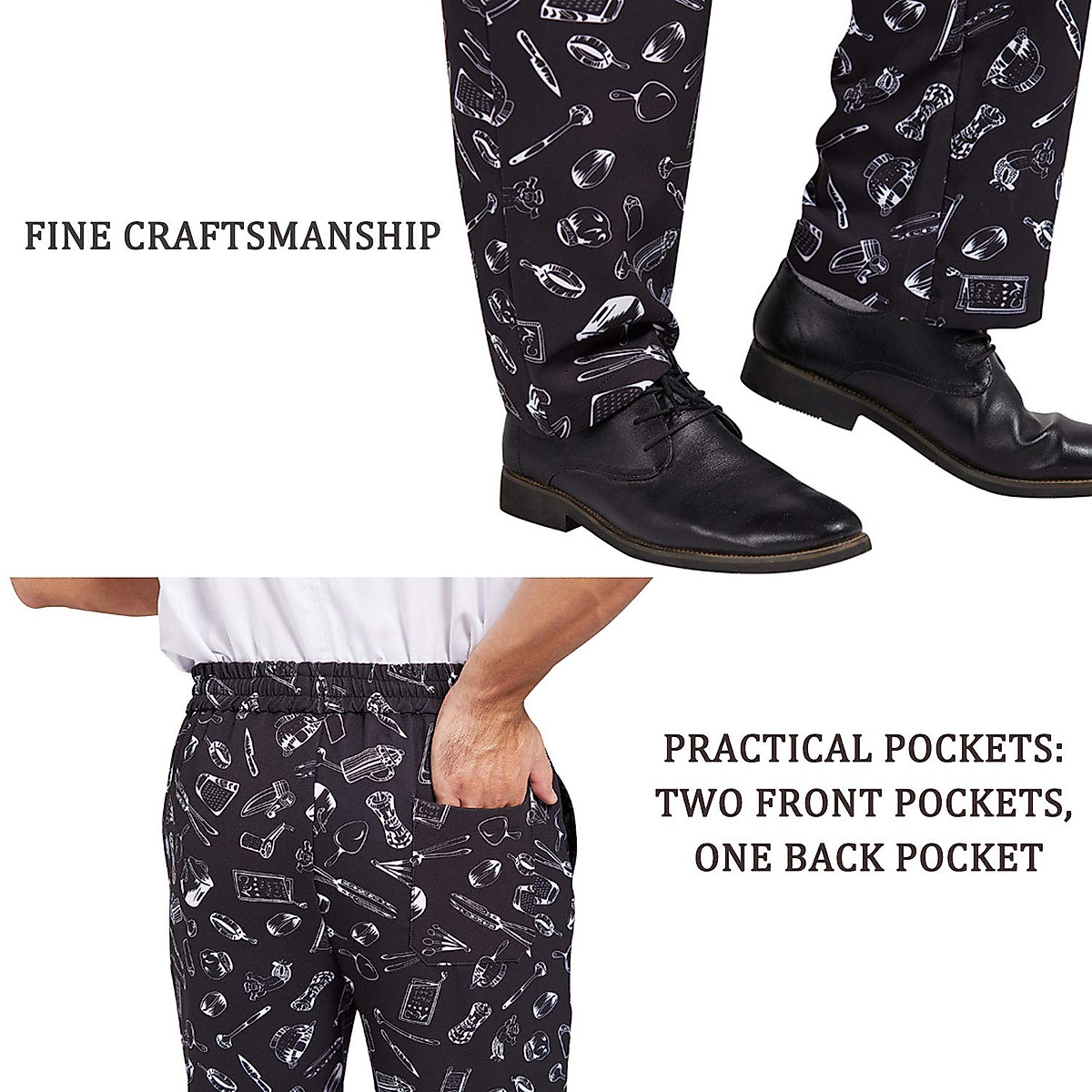 Nanxson Men's Baggy Chef Pants, Printed Work Pants with Elastic Waist Restaurant Kitchen Uniforms CFM2013 (Printed, Large)