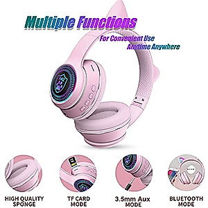 Zuri Sana Cat Ear Gaming Bluetooth 5.2 Wireless Foldable Headphones with LED Light, Over Ear Stereo Sound Music Headsets with Microphone AUX for PC TV Pad Cellphone Laptop Game Kids Adults Gift