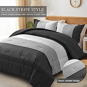 WONGS BEDDING Black Comforter Set Queen, Reversible Black Grey Stripe Down Alternative Comforter for All Season,3 Pieces(1 Patchwork Comforter+2 Pillowcases), Soft Microfiber Bedding Set 90"×90"