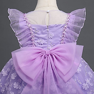 Infant Baby Flower Girls Dress Flutter Ruffle Bowknot Tutu Dress Christening Baptism Gown Toddler Little Princess Pageant Wedding First Communion Birthday Party Beaded Tulle Dress Purple 6-12 Months