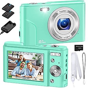 RUAHETIL Digital Camera, Autofocus FHD 1080P 48MP Kids Vlogging Camera with 32GB Memory Card, 2 Charging Modes 16X Zoom Compact Camera Point and Shoot Camera for Kids Teens (Green)