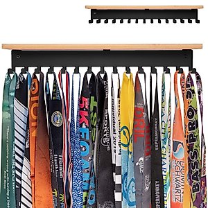 Premium Trophy and Medal Display Shelf 16inchL,Metal Trophy Shelf with hooks Upgraded,Large Trophy Board Display,Sturdy trophy shelf with hooks for medals in Black Metal Wall Mount Over 60 Medals