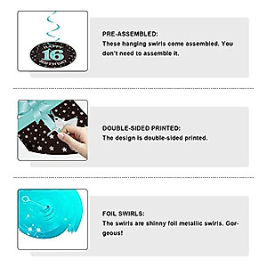 Happy 16th Birthday Party Hanging Swirls Streams Ceiling Decorations, Celebration Sweet 16 Foil Hanging Swirls with Cutouts for 16 Years Teal Silver Black Blue Birthday Party Decorations Supplies