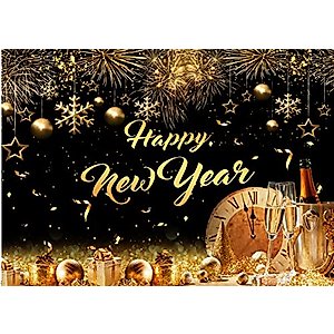 CYLYH 7x5FT New Year Backdrop 2024 Happy New Year Backdrop Golden Particles Bokeh Backdrop Black and Gold Photography Background 2024 New Year Party Backdrops for Photography
