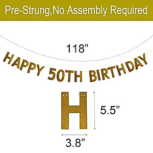 HAPPY 50TH BIRTHDAY Banner for 50th Birthday Party Decorations Pre-strung No Assembly Required Gold Glitter Paper Garlands Backdrops Letters Gold Betteryanzi