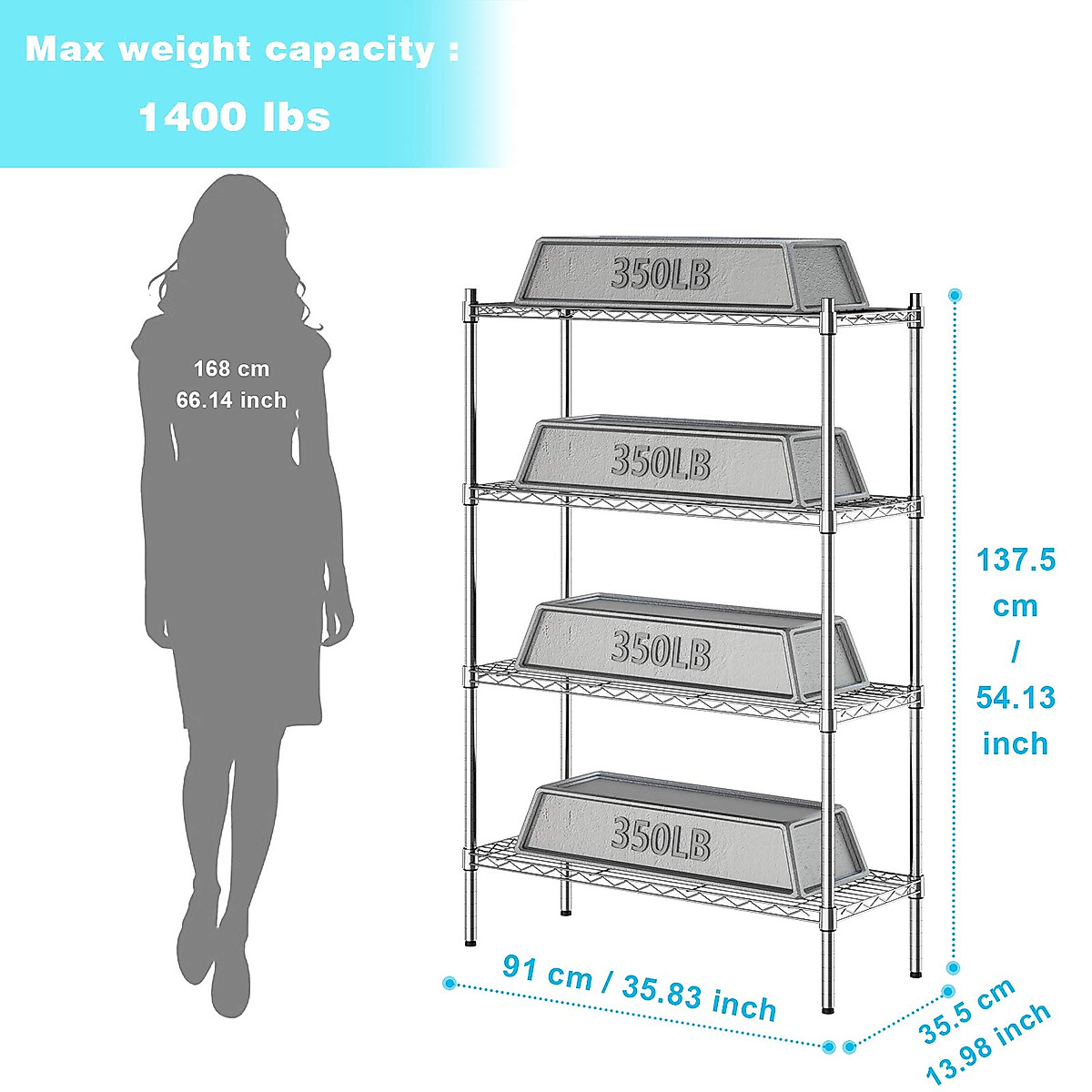 Auslar 4-Shelf Storage Wire Shelves Heavy Duty 4 Tiers Standing Shelving Units Adjustable Metal Organizer Wire Rack, Chrome