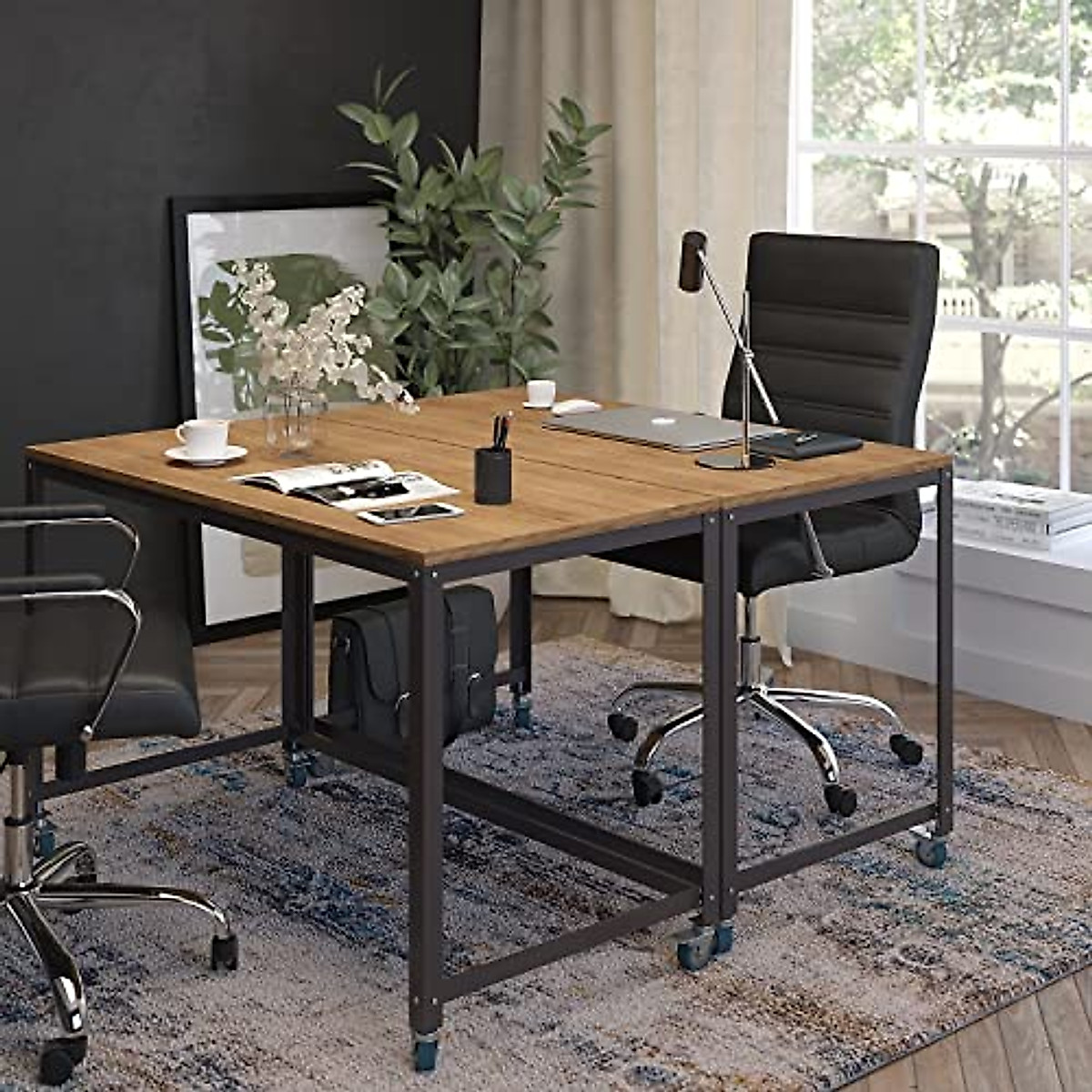 Flash Furniture Livingston Collection Computer Table and Desk in Brown Oak Wood Grain Finish with Metal Wheels