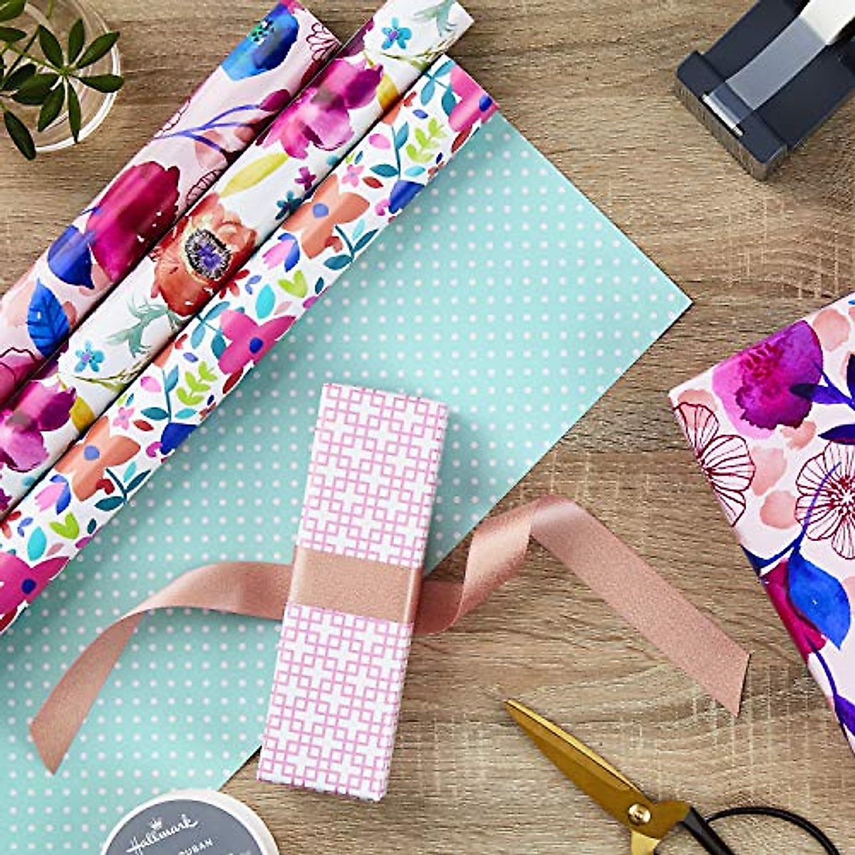 Hallmark Reversible Floral Wrapping Paper (3 Rolls, 120 sq. ft. ttl) Pink, Blue, Green, Yellow, Bright Flowers for Easter, Mothers Day, Birthdays, Bridal Showers, Baby Showers or Any Occasion