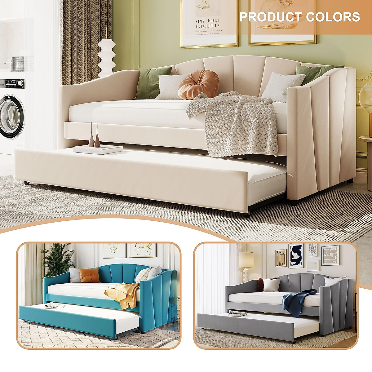 Flieks Twin Size Upholstered Daybed,Solid Wood Sofa Bed Frame Daybed Couch with Trundle Bed and Wood Slat,Beige