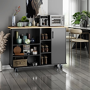 QAQA 48" Kitchen Island Cart Furniture cart on Wheels with Storage，Rolling Portable Dining Room Serving Utility Carts Mobile Movable with Drawers Cabinet,Black