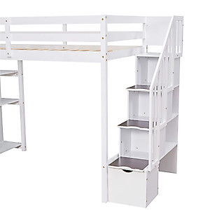 BIADNBZ Wooden Twin Size Loft Bed with Stairs, Drawers and Shelves, Multifunctional Storage LoftBed Frame for Kids Teens Adults Bedroom, White